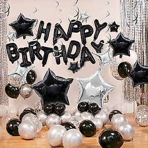 56 PCS Happy Birthday Balloons Happy Birthday Banner Silver and Black Balloons for Boys Men Girls Women 16th 18th 20th 21st 25th 30th 40th 50th 60th Birthday Party Decorations (Black)