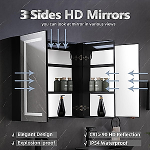 THNIKRE Lighted Medicine Cabinet Mirror, Black 48*30 Inch Bathroom Medicine Cabinets with Lights LED, Large Bathroom Mirror with Storage Waterproof Aluminum Outlets & USB Anti-Fog Adjustable Lightness