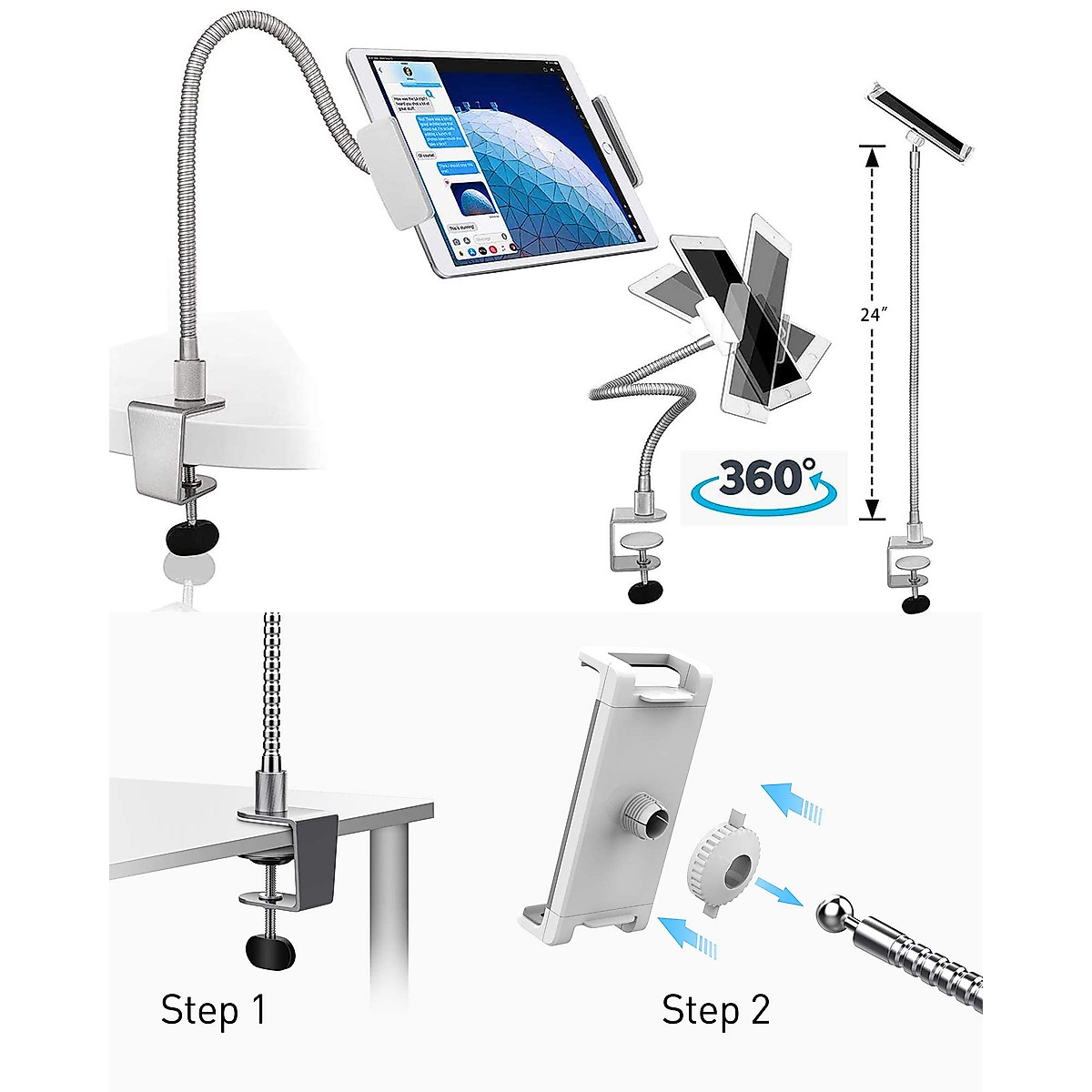 AboveTEK Gooseneck Tablet Holder, Aluminum iPad Stand Flexible Long Arm iPad Desk Mount for Bed Kitchen Office, Heavy Duty Tablet Mount Stand Compatible with iPad iPhone 6-13Pro, Fits for 3.5" - 11"