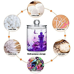 ALAZA 2 Pack Qtip Holder Dispenser Purple Butterflies Flowers Hydrangeas Iris Bathroom Organizer Canisters for Cotton Balls/Swabs/Pads/Floss,Plastic Apothecary Jars for Vanity
