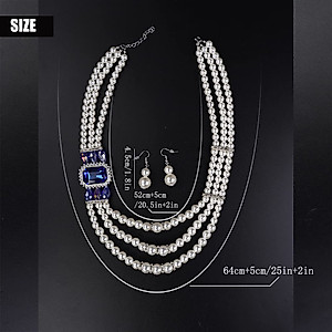 Aimimier 1920s 3-strand White Faux Pearl Necklace and Earrings Set Royal Blue Crystal and Rhinestone Chunky Collar Bib Pearl Statement Necklace