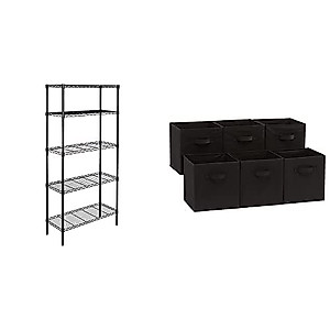 Amazon Basics 5-Shelf Storage Unit with Height Adjustable Shelves and Foldable Storage Cubes (6 Pack), Black