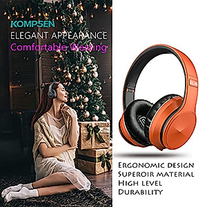 KOMPSEN Adult Noise Cancelling Headphones Wireless Bluetooth Headphones with Microphone Deep Bass Comfortable Over Ear Headphones Foldable for Cellphone PC Online Class Game Office Home Travel-Orange