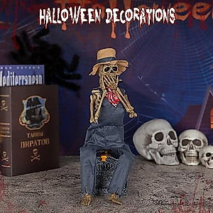 GOLDFENG Halloween Decorations Indoor Lighted Skeleton, Play Music Harmonica Cowboy Player Funny Skeleton Tabletop Collectible Figurines 12.5" H