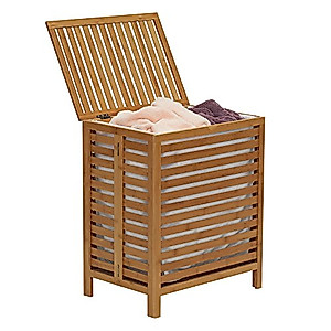 Household Essentials 6216-1 Natural Bamboo Laundry Hamper with Hinged Lid and Cotton Liner Large