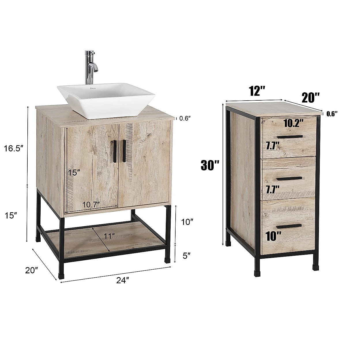 eclife 36" Bathroom Vanity Sink Combo Modern Metal Stand Cabinet W/Bottom Shelf & Storage Side Cabinet White Square Vessel Sink & Water Save Faucet & Pop Up Drain, Oak (A07)