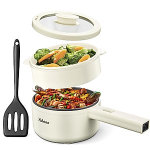 Yabano Electric Pot, 850W Non-Stick Electric Hot Pot with Steamer,1.6L Noodles Cooker with Dual Power Control, Portable Pot For Dorm, Office, Travel with Silicone Spatula Included, BPA Free, White