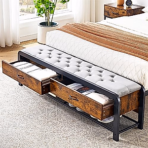 GAOMON Queen Bed Frame with Headboard and 2 Drawers, Metal Platform Bed Frame Queen Size with Storage Drawer, No Box Spring Needed, Noise Free, Rustic Brown