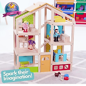 PIDOKO KIDS Skylar Wooden Dollhouse - Includes 20 Pcs Furniture Accessories, 5 Family Dolls and a Pet Dog - Wood Doll House for 3 4-5 Year Old Girls & Boys