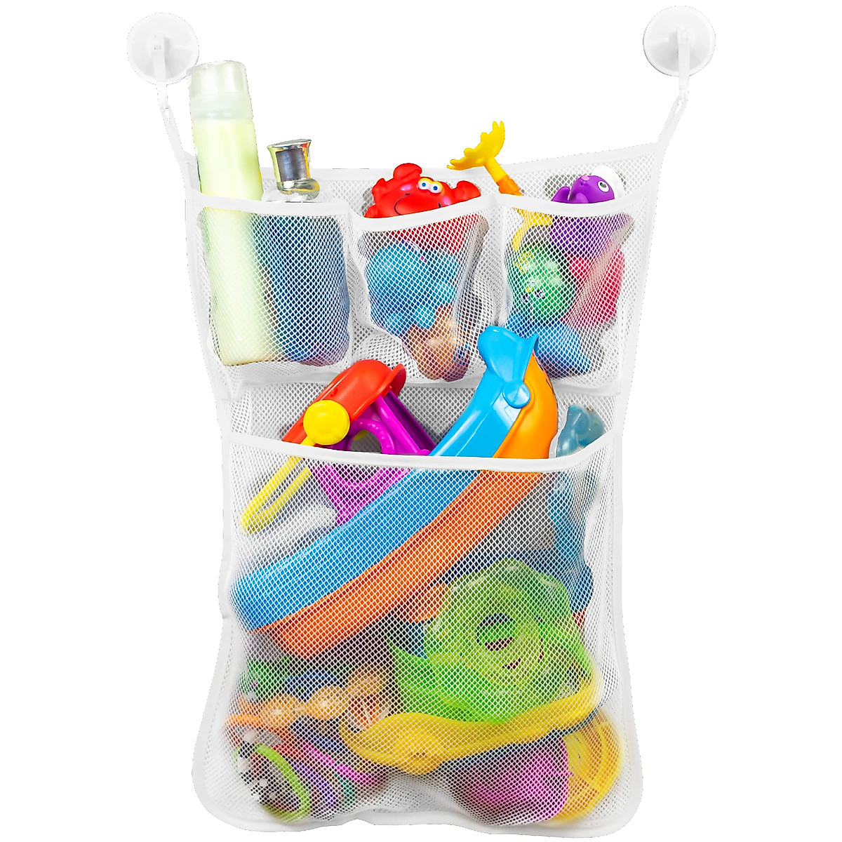 S&T INC. Bath Toy Storage Net with Pockets for Tub, Shower Caddy Holds Baby and Kids Toys, Soap, or Shampoo, Hooks Included, 14 Inch by 20 Inch, White, 1 Pack