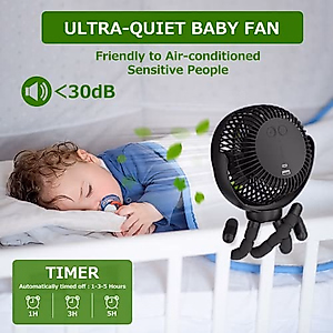 Stroller Fan Rechargeable - Portable Fan for Stroller, Timing Baby Fan, 35H Battery Operated Fan, 3 Speeds Baby Stroller Fan, Rotatable Car Seat Fan, Car Fan for Baby, Clip On Fan with Flexible Tripod