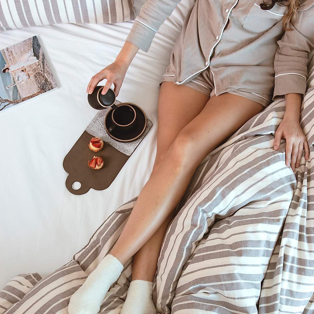 Lavien Home, 100% Natural Cotton Duvet Cover Set King Size, Linen Like Striped, 1 Duvet Cover with 2 Pillowcases, Soft and Easy Care (Milas, King 104"x90")