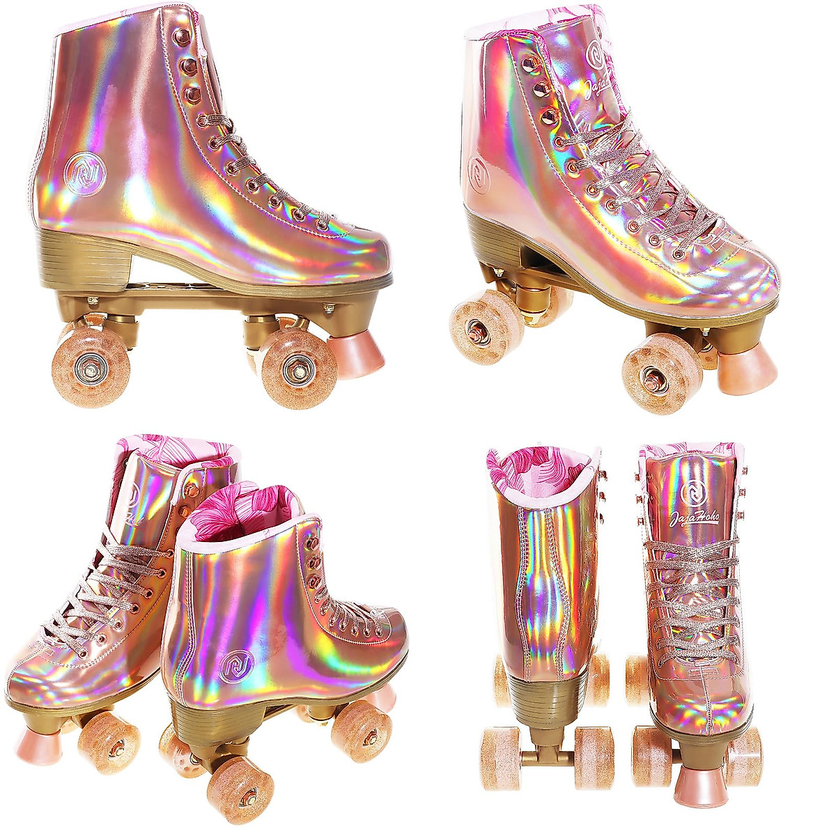 JajaHoho Roller Skates for Women, Holographic High Top PU Leather Rollerskates, Shiny Double-Row Four pink glitter Wheels Quad Skates for Girls and Age 8-50 Indoor Outdoor (Size 4, Rose Gold)