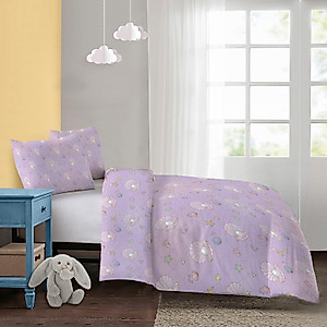 YULEEE Ocean Duvet Cover Set Twin Size - Purple Fish Scales Bedding Set for Kid, Bedroom Decor, Diamonds Pearl Shells Quilt Cover with Zipper Closure, 3 Pcs Reversible Soft Comforter Cover Set