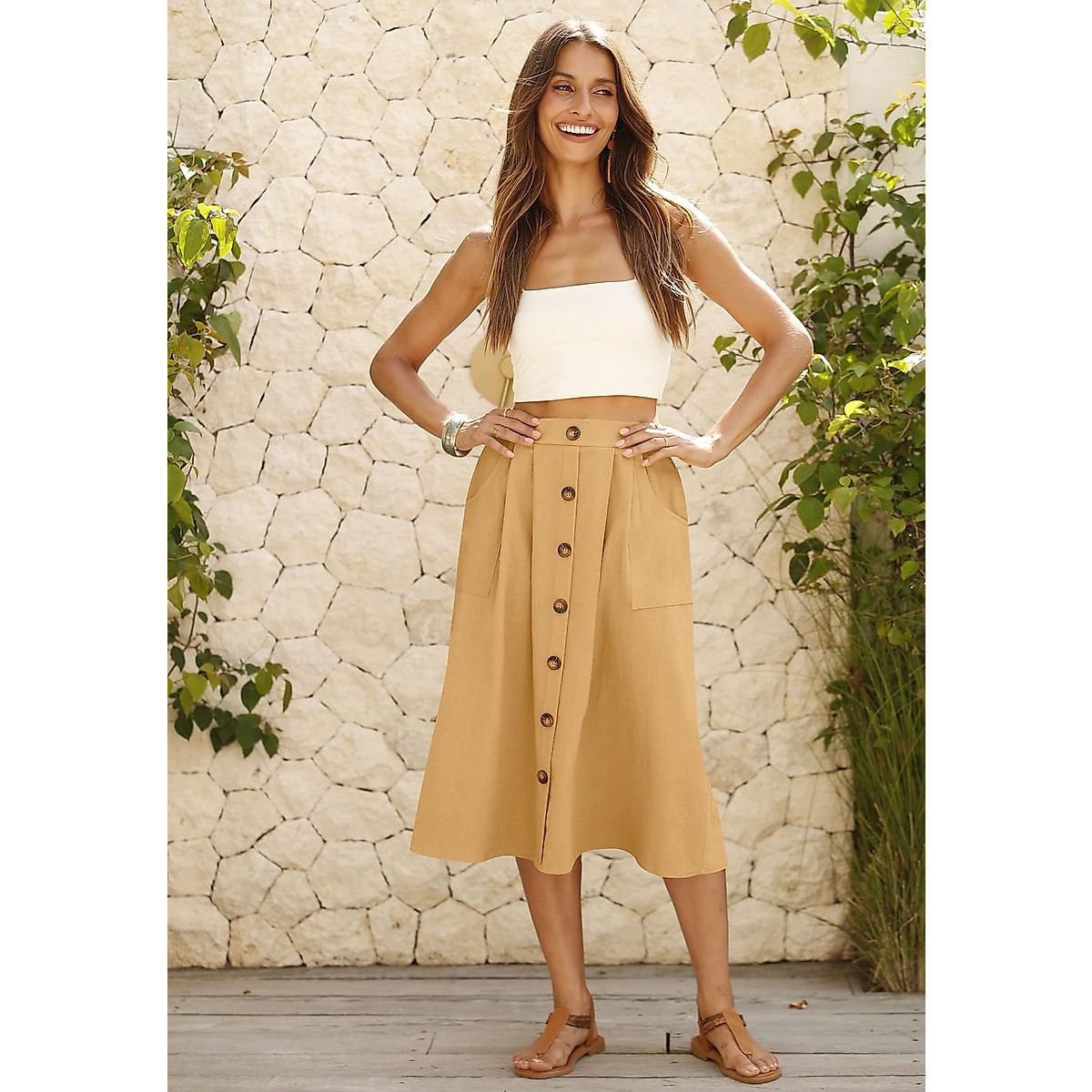 Naggoo Womens Summer A-Line High Waisted Button Pleated Midi Skirt Khaki Large