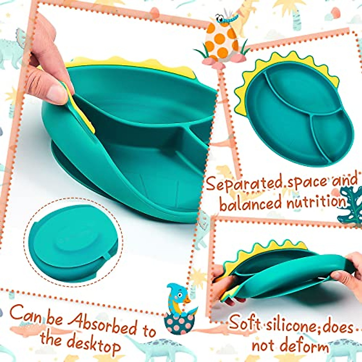 Yaomiao 6 Pcs Silicone Toddler Feeding Set Baby Led Weaning Supplies Dinosaur Shape Divided Silicone Suction Plate Adjustable Bib Sippy Cup with Spoon and Fork Straw Set, Microwave Dishwasher Safe
