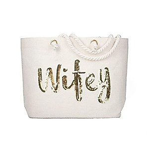 ELEGANTPARK Wifey Tote Bridal Shower Gift Wedding Bride Gifts Honeymoon Wedding Beach Bag Jute Bag with Gold Sequin Interior Pocket