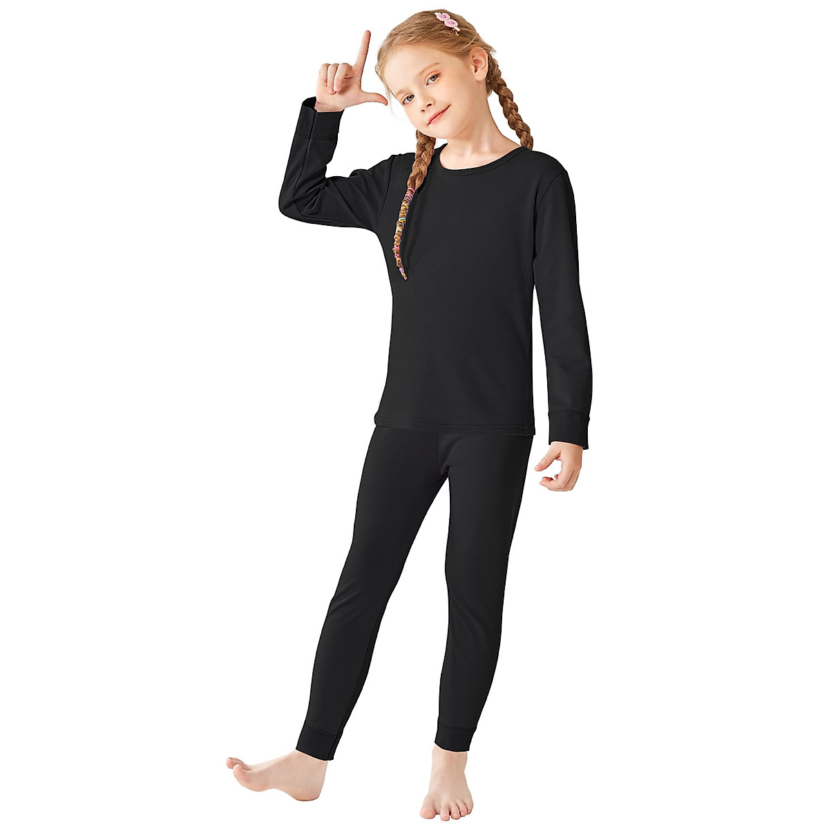 Resinta Cotton Girls' Thermal Underwear Set Girls’ Top and Long Johns Winter Base Layer Top & Bottom (1, Black, 5-6 Years)