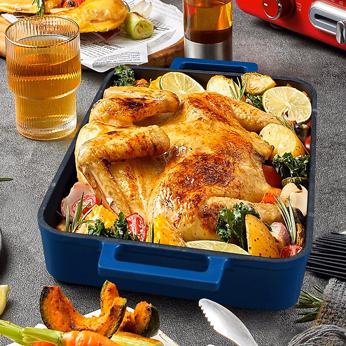 Flavehc Cast Iron Casserole Dish with Skillet Lid 9"x13" Rectangle Casserole Dishes for Oven Cast Iron Baking Dish Cast Iron Lasagna Pan Lasagna Baking Dish Red