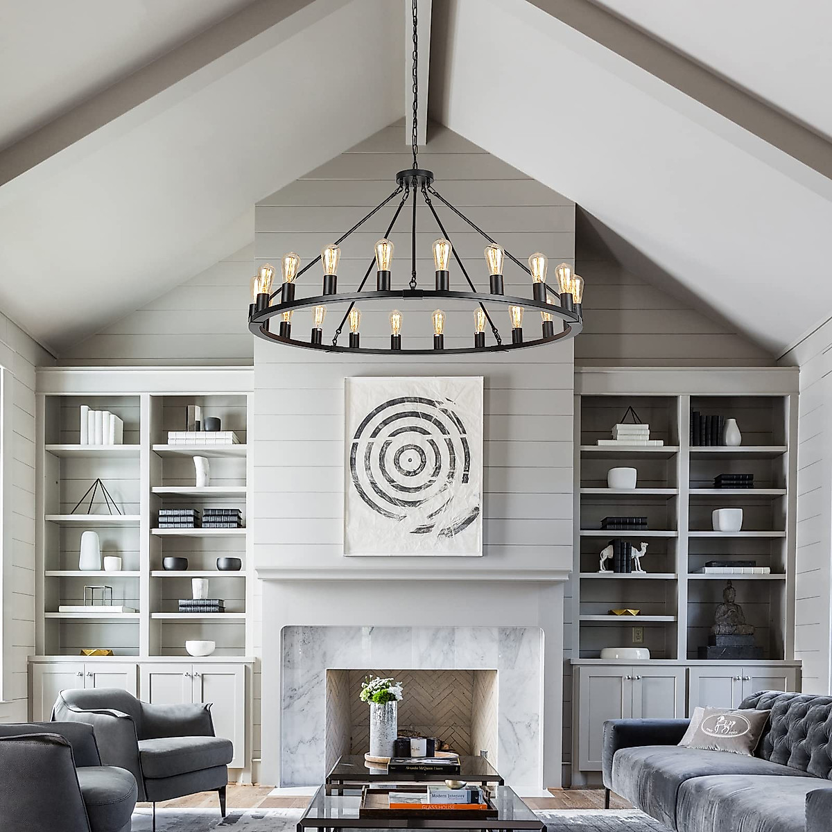 Senyshilon Wagon Wheel Chandelier, Black Farmhouse Chandelier for Dining Room Light Fixture, 20-Light 48 Inch Extra Large Chandelier for High Ceilings Living Room Kitchen Island Foyer Villa