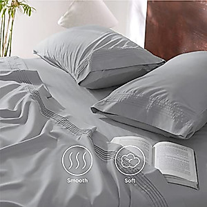Bedsure Deep Pocket Queen Sheets Set - Fits Mattresses Up to 24" Thick, 4 Piece Air Mattress Sheets with Deep Pocket, Moisture Wicking Soft Cooling Bedding Sheets & Pillowcases, Light Grey