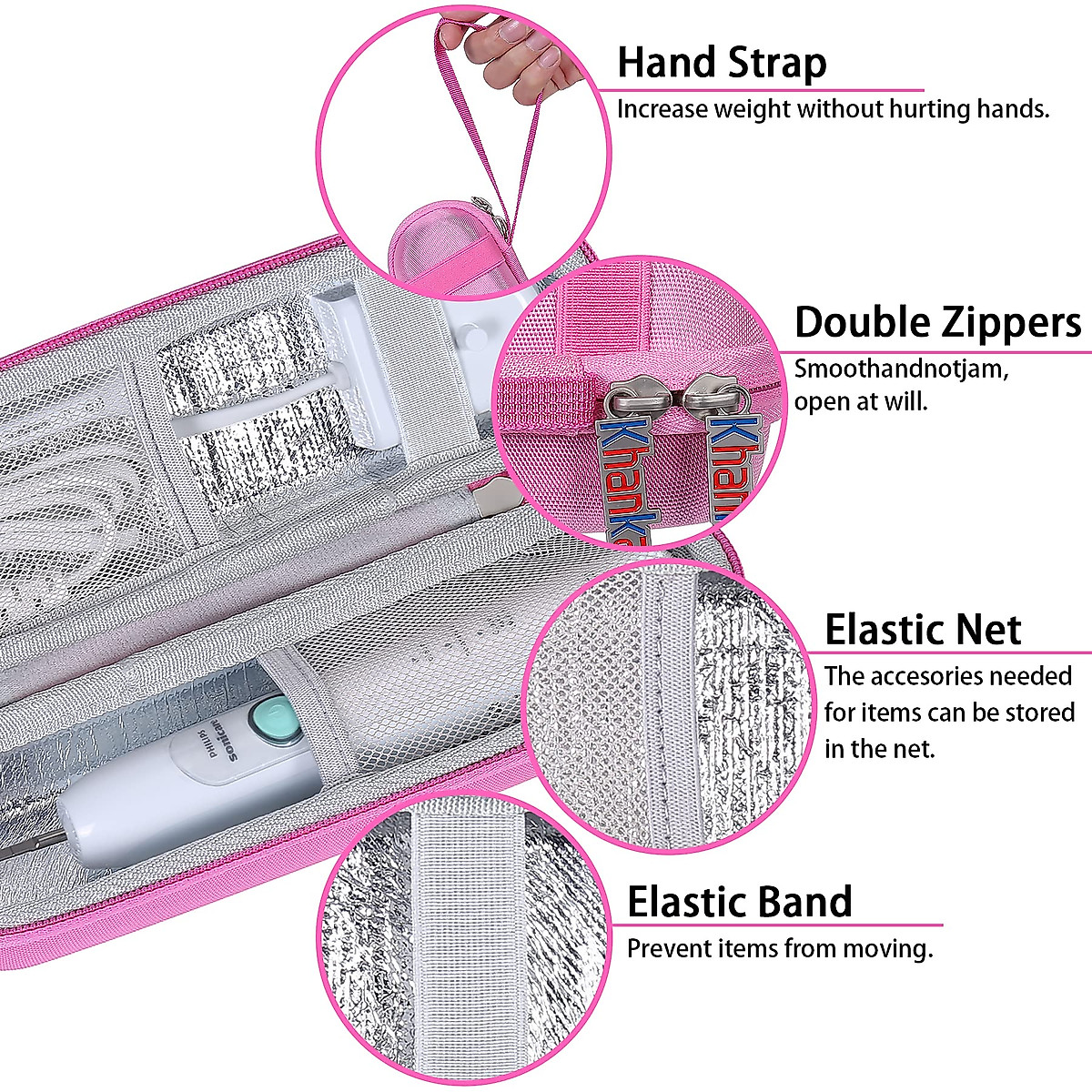 khanka Hard Electric Toothbrush Travel Case with 2 Pack Toothpaste Cap, Compatible with Philips Sonicare ProtectiveClean 4100 5100 5300 6100 6500, Holds Oral-B Pro 1000 3000 5000 6000 (Pink)