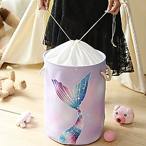 INough Baby Laundry Hamper Fabric Storage Basket Round Laundry Basket for Girls Collapsible Laundry Baskets with Drawstring Closure, Mermaid Room Decor for Girls Room, Laundry (Mermaid Tail)