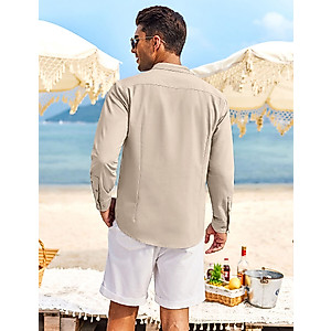 COOFANDY Men's Linen Beach Shirt Shirts Casual Long Sleeve Button Down Linen Cuban Camp Collarless Solid Shirt Khaki