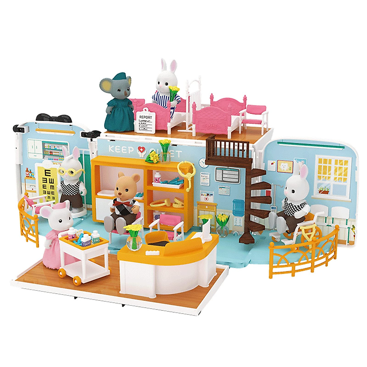 Dollhouse Playset for Girls - Kids Pretend Play Doll House Toy Doctor Kit Hospital Accessories, Portable Critter Doll Ambulance Bus Toys for Toddlers Boys Girls Birthday Gifts 3 4 5 6 Year Old