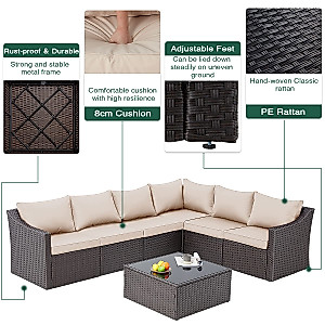 EROMMY 7 Pieces Outdoor Patio Furniture Set, Sectional PE Rattan Conversation Set, Sofa Set with Glass Table, Cushions and Pillows, Patio Sofa for Garden, Lawn, Balcony