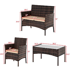 VINGLI 4 Pieces Outdoor Patio Furniture Set Wicker Patio Conversation Set with Coffee Table, Rattan Chair Patio Wicker Sofa Set for Yard,Pool or Backyard (Brown)