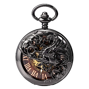 TREEWETO Mens Antique Dragon Mechanical Skeleton Pocket Watch Wooden Roman Numerals Dial Black Double Case Pocket Watches for Men