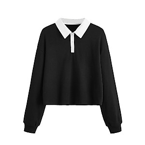 Verdusa Women's Button Front Polo Collar Drop Shoulder Pullover Top Sweatshirt Black S