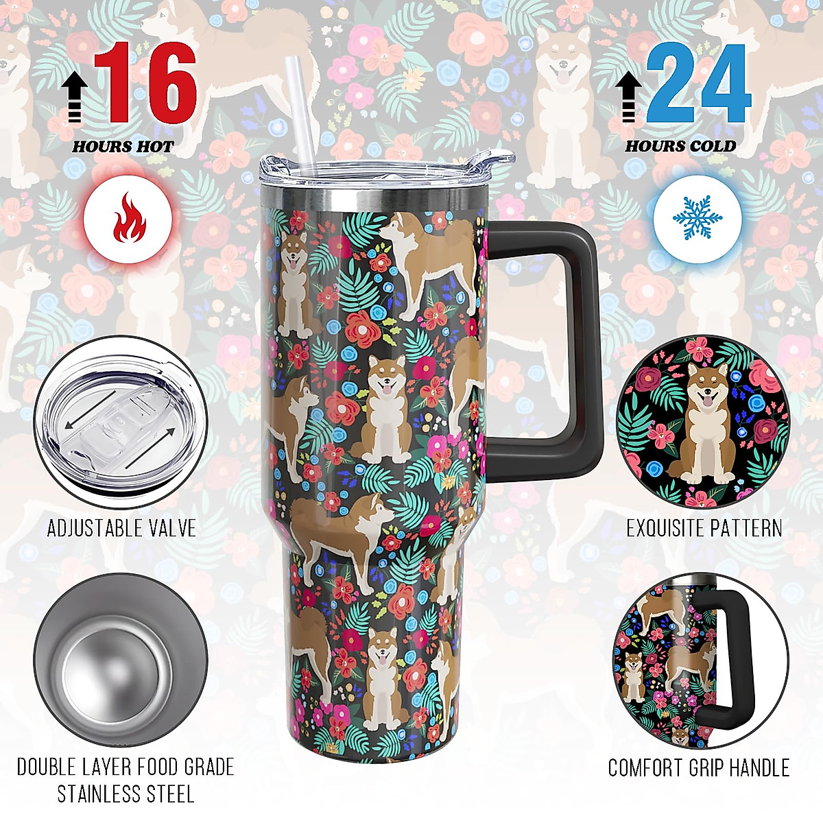 puhnhsv 40 oz Shiba Inu Tumbler with Handle, Insulated Stainless Dog Tumbler Coffee Travel Mugs Cup Water Bottle Shiba Inu Lovers Gifts for Women Girls