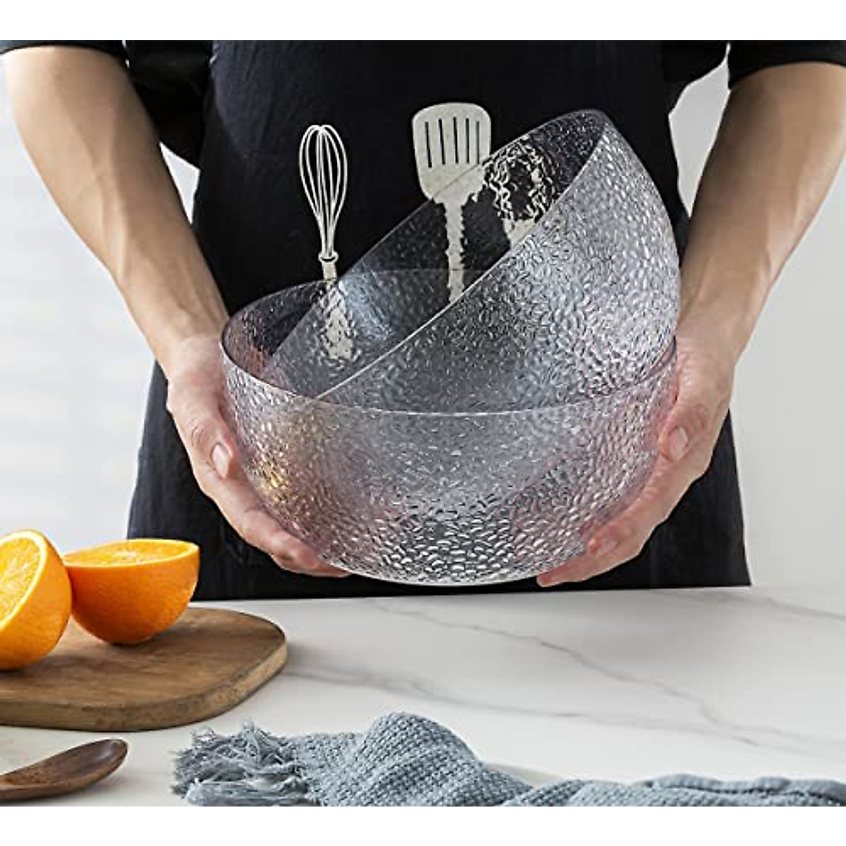 Qxbekmor Large Acrylic Salad Bowls 130 oz, Serving Bowls for Fruits, Popcorn, Chips, Dips, Condiments, Break-Resistant Set of 2, Clear Circular