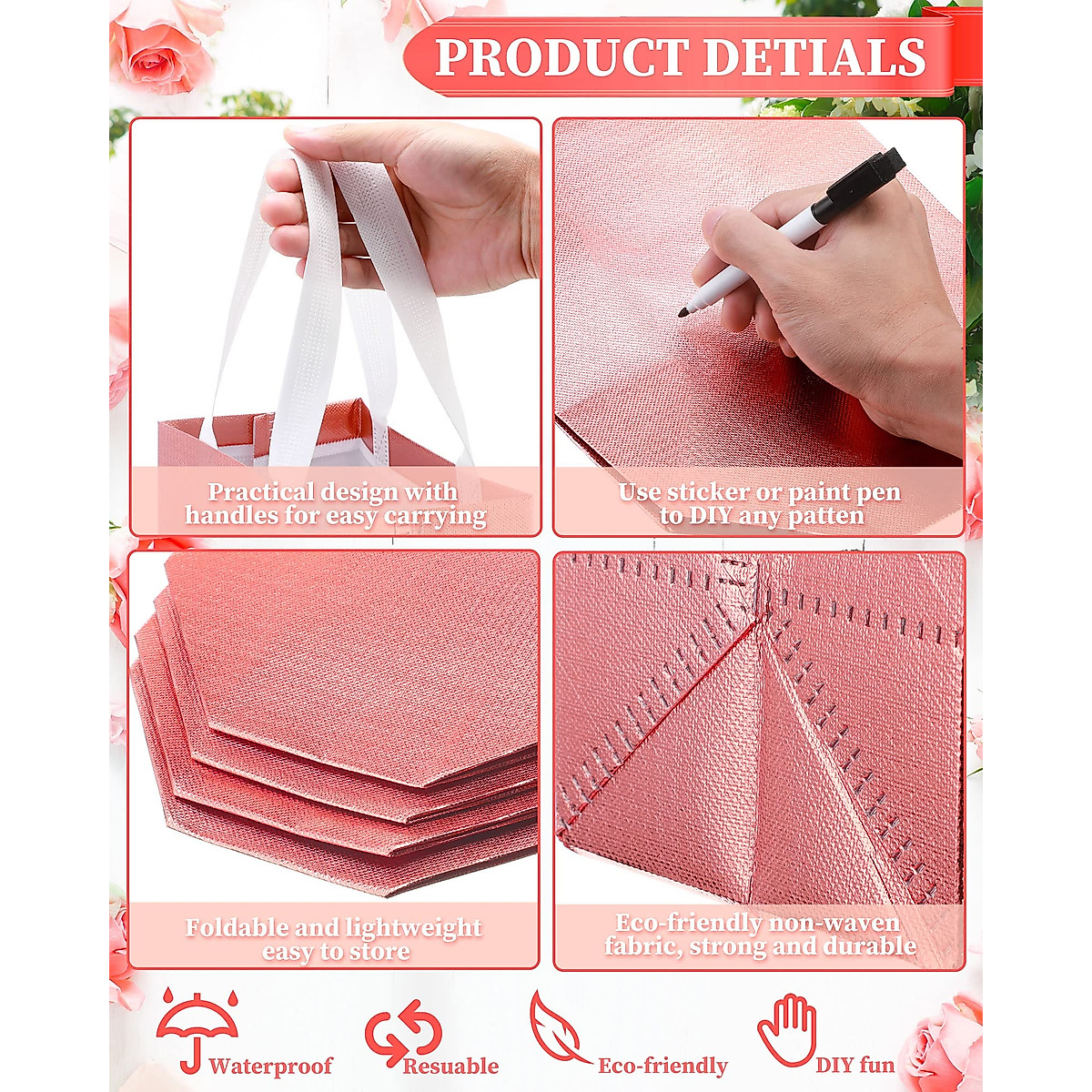 Eccliy 80 Pieces Gift Bags Set Glossy Reusable Tote Bags with Handles Grocery Bags for Wedding, Bachelorette Party, Christmas (Rose Gold,Medium)