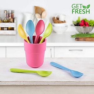 GET FRESH Bamboo Kids Spoons Set – 4-pack Reusable Bamboo Fiber Kids Spoons for Everyday Use – Large Bamboo Kids Cutlery for Daily Mealtime – Colorful Bamboo Utensils for Toddlers and School Children