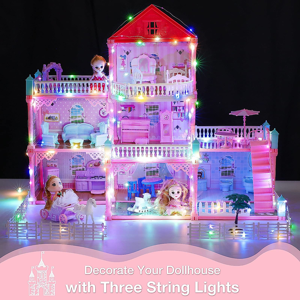 ArgoHome Dollhouse, Dream House Toys for 3 4 5 6 7 8 Years Old Girls Kids, Dollhouse Sets with 2 Dolls, 7 Rooms, Furniture and Accessories, DIY Building Pretend Play Doll House, Gift for Girls.