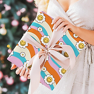 Whaline 12Pcs Retro Groovy Wrapping Paper Bright Funny Face Flower Checkered Gift Wrap Bulk Boho Art Paper Folded Flat for Baby Shower Birthday Wedding DIY Crafts Gift Packing, 19.7 x 27.6 Inch
