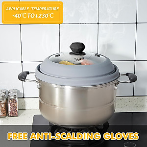 Microwave Splatter Cover Vented Glass Cover Splatter Guard Lid with Collapsible Silicone for Food as Pot Cover Plate Cover 10.5 inch for 6 7 8 9 10 inch Plate Bowl Light Grey