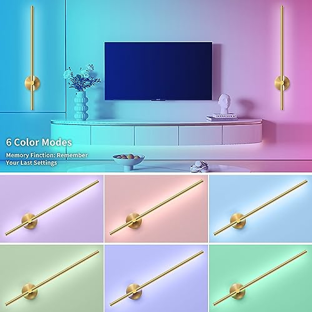 Gednbo Remote Control Dimmable Modern Wall Sconce Set of Two, Multicolor, DIY 350° Rotate, Memory Function, Wall Light for Bedroom, Living Room, TV Wall, Game Room, Hardwired (Gold, 31.5 inches)
