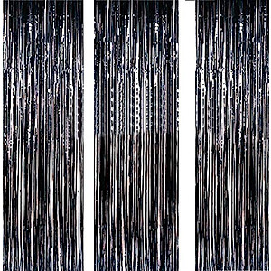 CareCheer 3 Pack 3.2ft x 6.6ft Black Metallic Foil Fringe Backdrop Tinsel Sparkle Door Window Curtain Backdrop for Birthday Bachelorette Wedding Christmas New Year Party Decorations