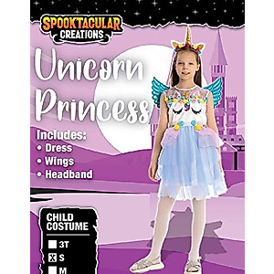 Spooktacular Creations Unicorn Princess Pageant Flower Girl Tutu Dress Rainbow Skirt with Headband and Wings for Kids (Blue, Small)