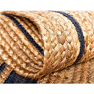Unique Loom Braided Jute Collection Classic Quality Made Hand Woven with Coastal Design Area Rug, 6 ft x 9 ft, Natural/Navy Blue