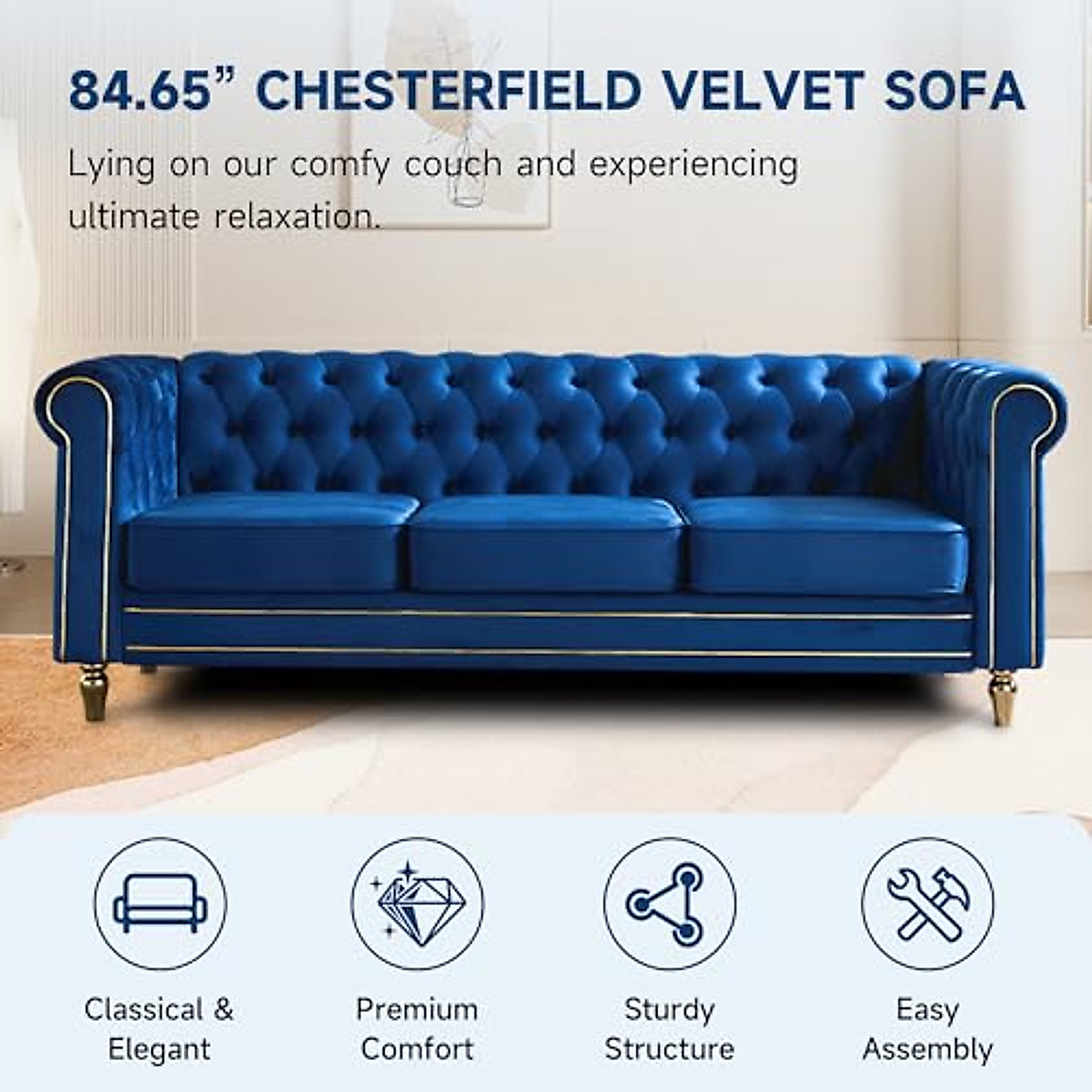 NIOIIKIT 84.65” Chesterfield Velvet Sofa, Button Tufted Upholstered Couch with Scroll Arms, 3 Seater Long Couch for Living Room, Bedroom, Office, Apartment (Chesterfield, Blue)
