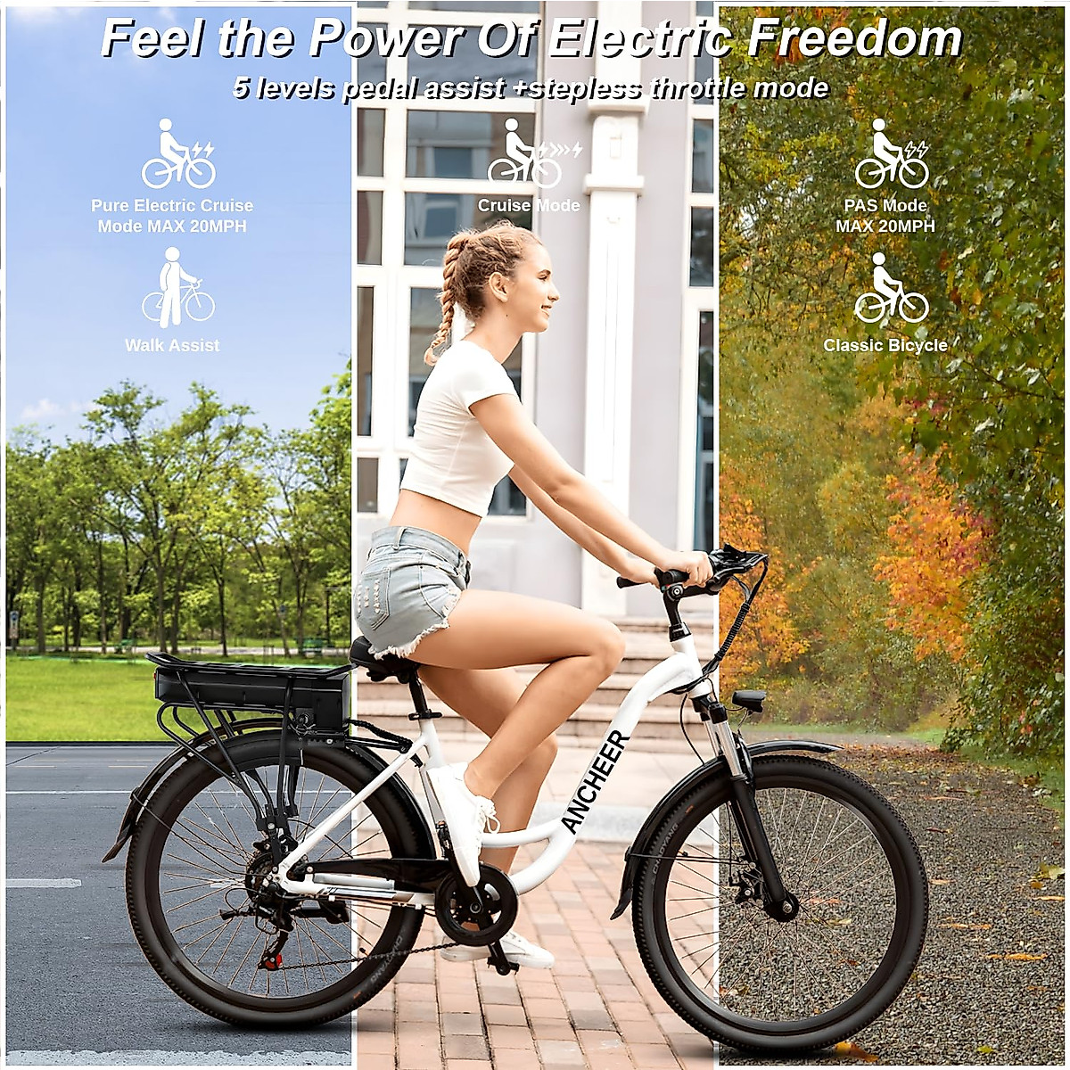 ANCHEER Electric Bike for Adults, 48V 500Wh EBike, UP to 60 Miles, Removable Battery, Fast-Charge, 26" Commuter Electric Bicycles, 7-Speed, LCD Digital Display, Suspension Fork, Cruise Control, UL2849