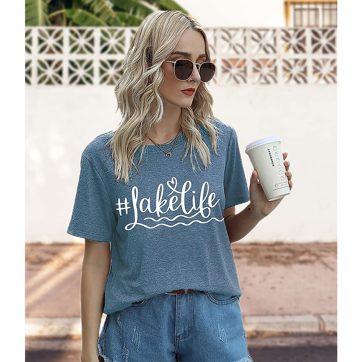 Dapiaoliang Lake Life Shirts for Women Funny Vacation Graphic Tee Casual Summer Short Sleeve Blouses Round Neck Loose Tunic Top Ink Blue, Small