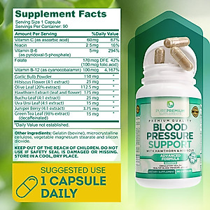 PurePremium Blood Pressure Supplements with Hawthorn Berry, Hibiscus - Nitric Oxide for Normal Blood Pressure Support with Vitamin B12 - Garlic Supplements for Normal Nitric Oxide Supplement - 90 Caps