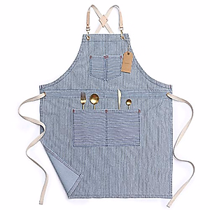 Jeanerlor Blue Striped Denim Aprons for Women and Men - Jean Cross Back Apron Adjustable Neck Unisex with 4 Pockets for Barista, Chef, Barber, Painter and Gardener, Adjustable M to XXL