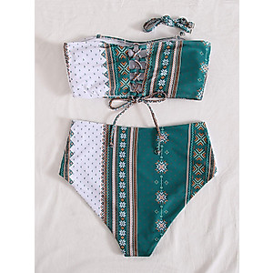 Floerns Women's Boho Two Piece High Waist Bathing Suit Bandeau Swimsuit Dark Green Multi M